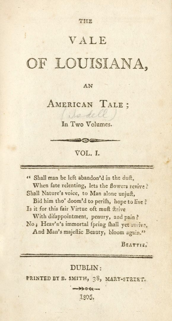 Bonhams : ISDELL (SARAH)] The Vale of Louisiana. An American Tale, 2 vol.