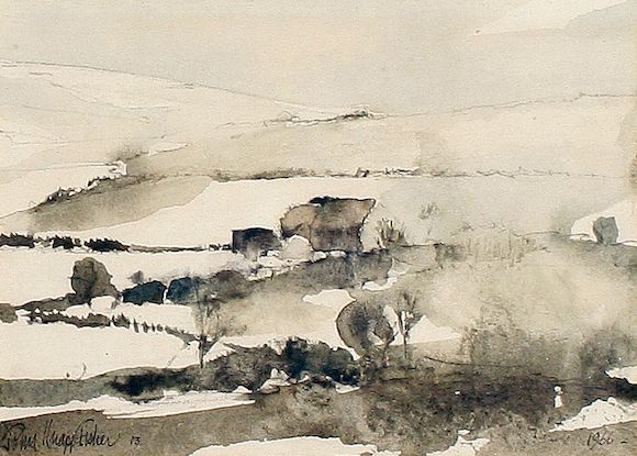 Bonhams : John Knapp-Fisher (British, born 1931) 'Snowfields with huts'