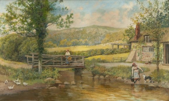 Bonhams : Frederick Shaw Figural river cottage scene