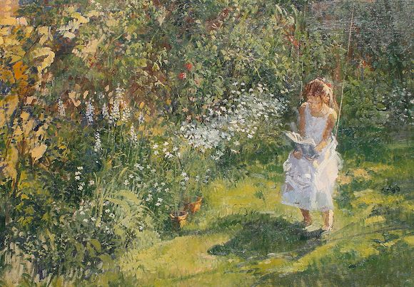 Bonhams : Peter Kuhfeld (British, born 1952) Florence reading on the swing