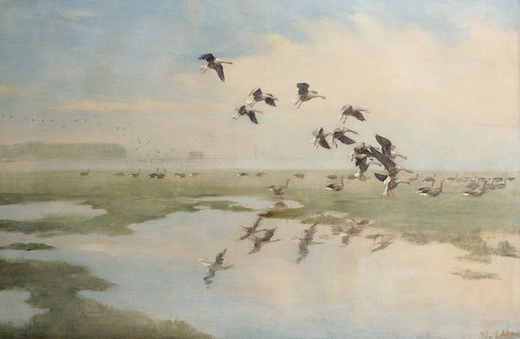 Bonhams : Peter Markham Scott (British, 1909-1989) Geese flying into ...