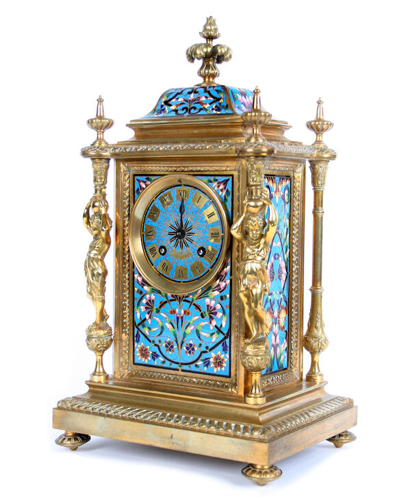 Bonhams : A good late 19th century French brass and champleve enamel mantel clock Japy Freres ...