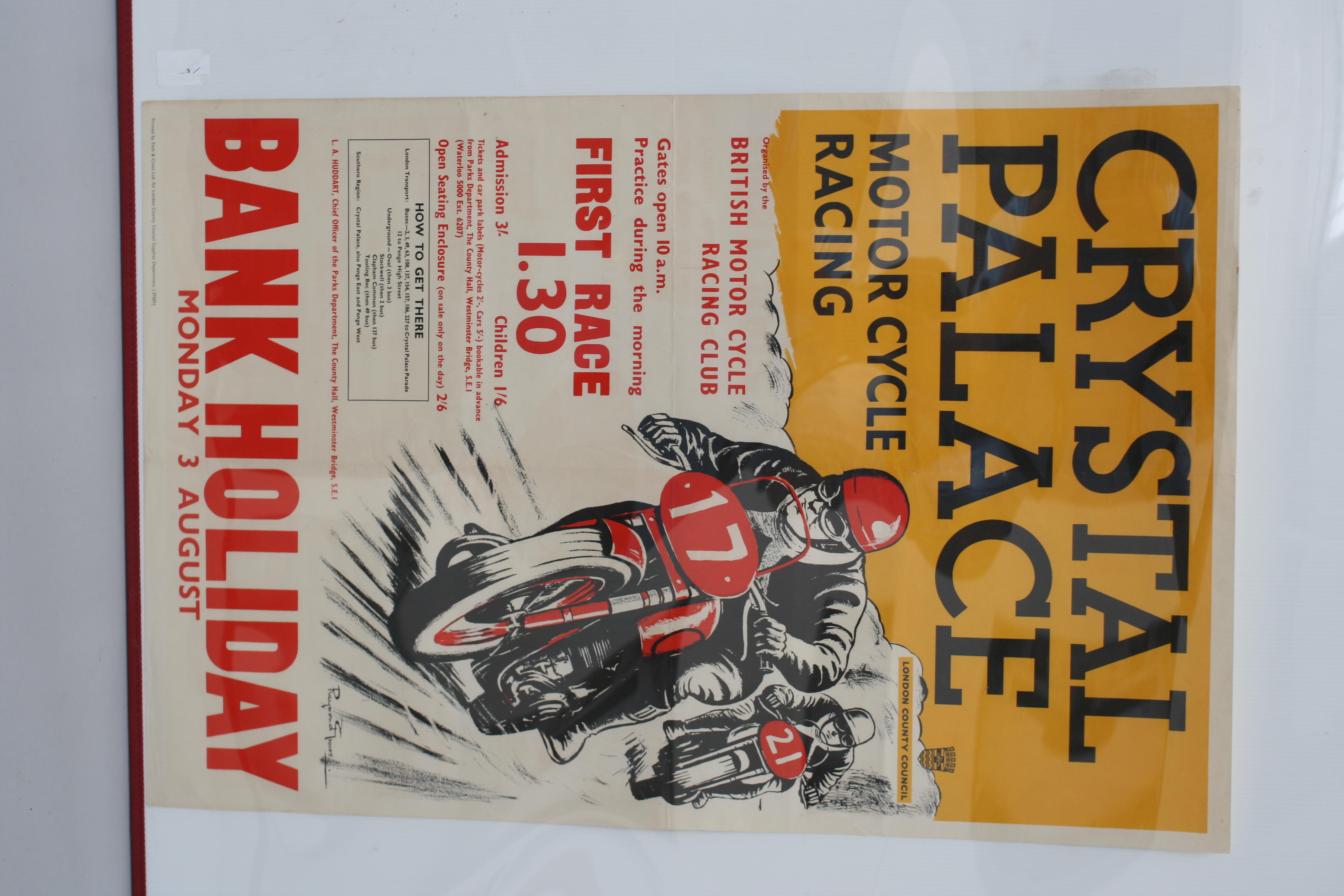 Bonhams Cars : A Crystal Palace Motorcycle racing poster, c.1960,