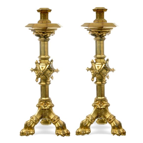 Bonhams : A pair of Gothic Revival gilded bronze knopped hexagonal ...