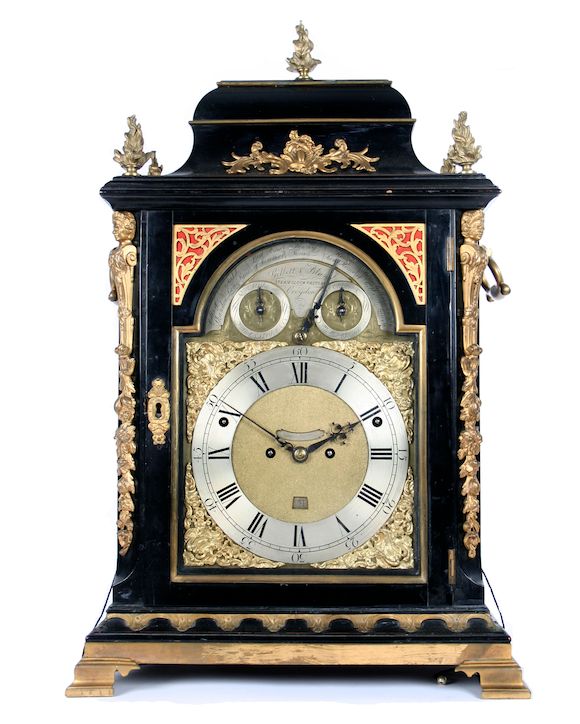 Bonhams : A fine mid-Victorian ebonised four-train musical bracket/table clock with twin pull ...