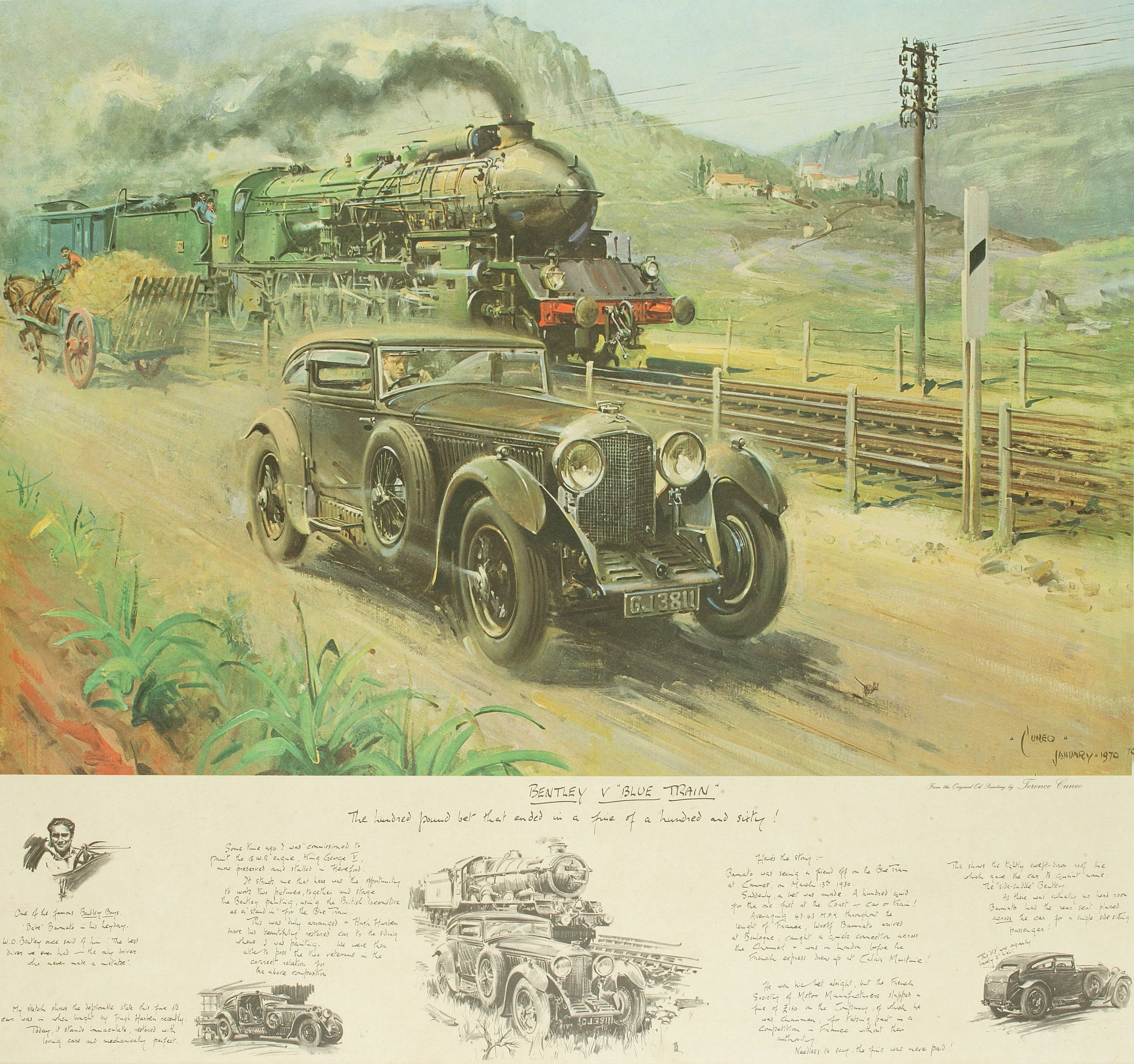 Bonhams Cars : Terence Cuneo 'Bentley v Blue Train' print,