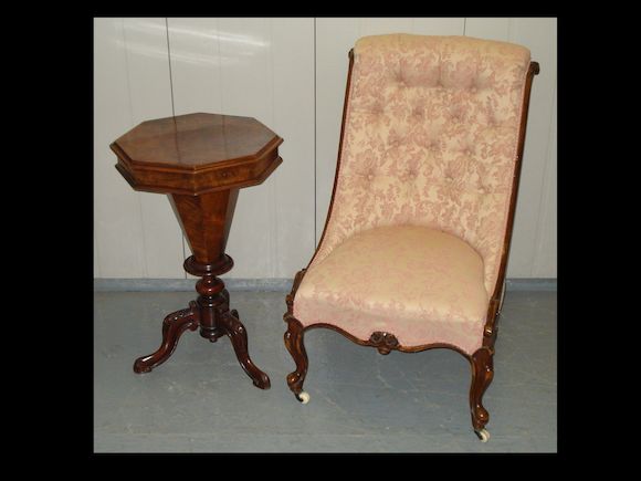 Bonhams : A Victorian low chair with buttoned upholstery and a work ...