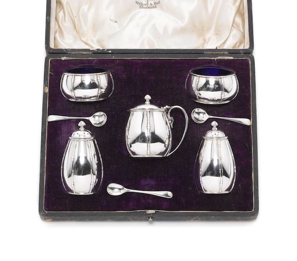 Bonhams : A cased silver five piece condiment set, by Walker & Hall ...