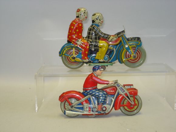 Bonhams : Tinplate c/w Clown motorcycle with Clown passenger and Ingap ...