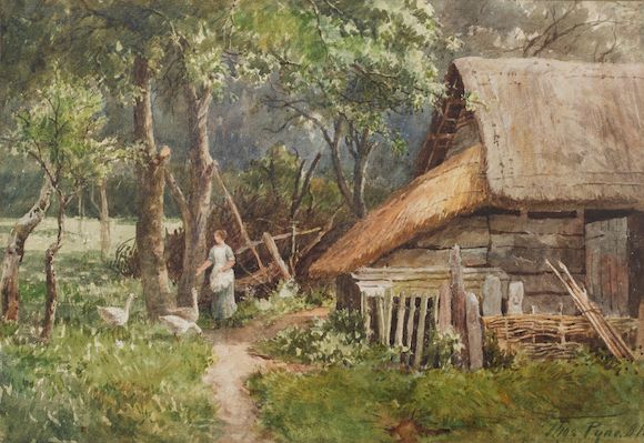 Bonhams : Thomas Pyne (British, 1843-1935) Girl feeding geese before a ...