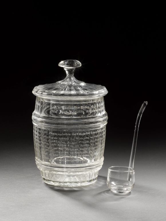 Bonhams : A large German engraved and faceted glass punch barrel, cover ...