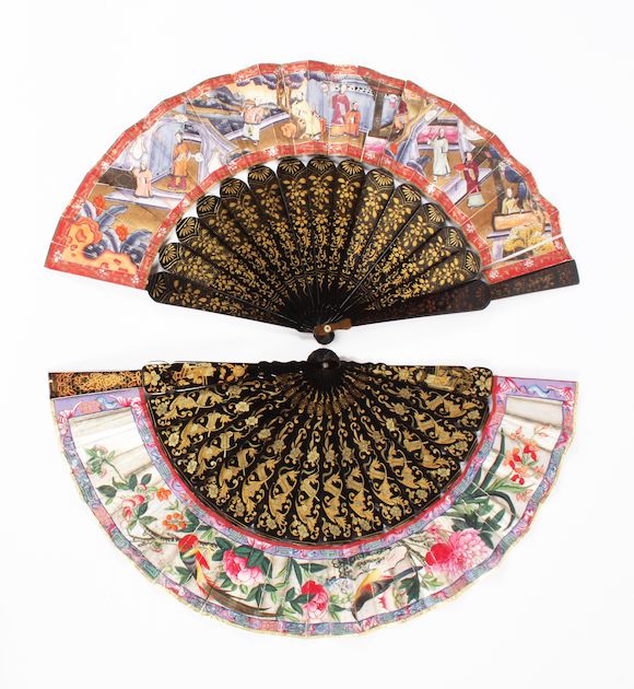 Bonhams : Two Chinese 19th century lacquered fans with painted leaves