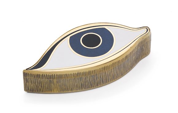Bonhams : GERALD BENNEY A silver-gilt and enamelled eye shaped box ...