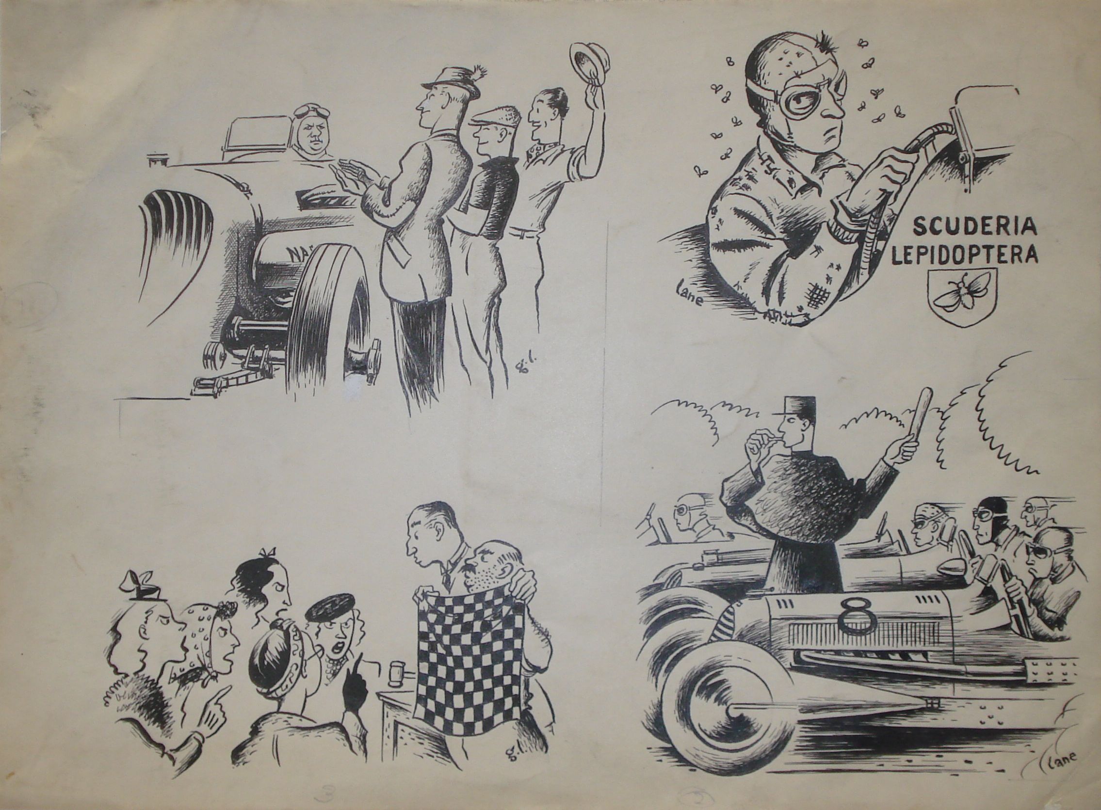 Bonhams Cars : George Lane, a series of four original cartoon ...