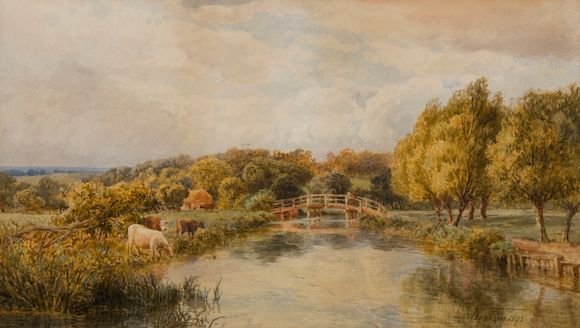 Bonhams : Thomas Pyne (British, 1843-1935) River landscape with cattle ...
