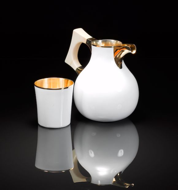 Bonhams : GERALD BENNEY: A rare silver and white enamelled water jug ...