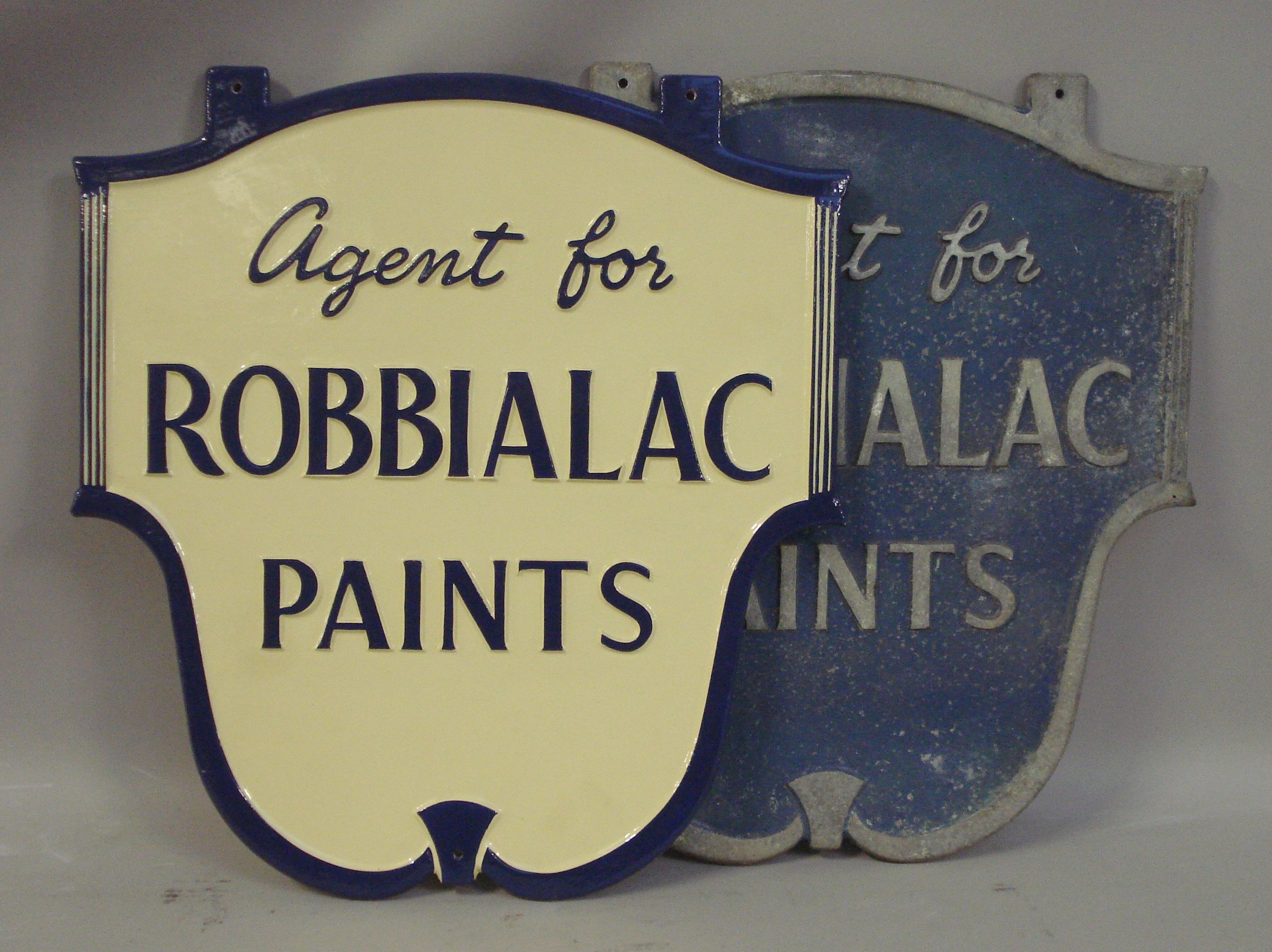 Bonhams Cars : Two 'Robbialac Paints' shaped cast alloy signs,