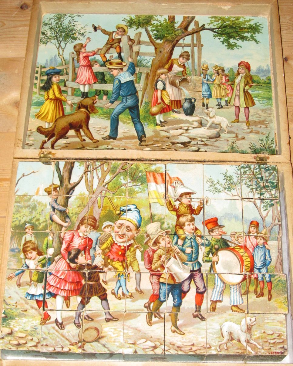 Victorian wooden block set depicting children at play and fayre scenes ...