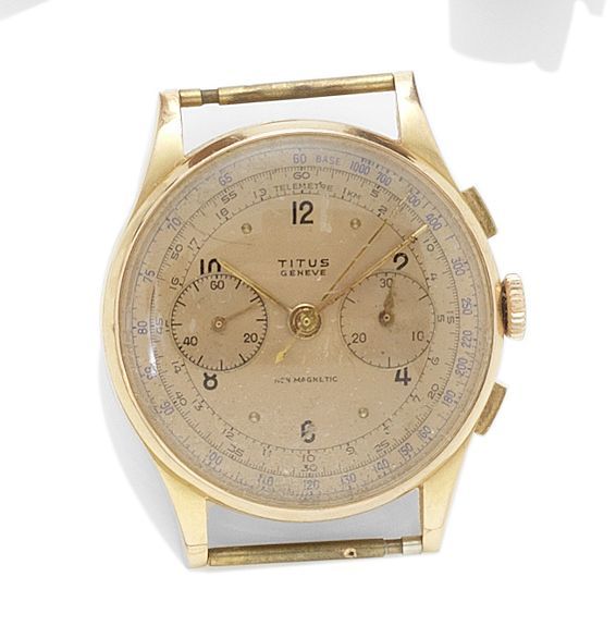 Bonhams : Titus. An 18ct rose gold manual wind chronograph ...
