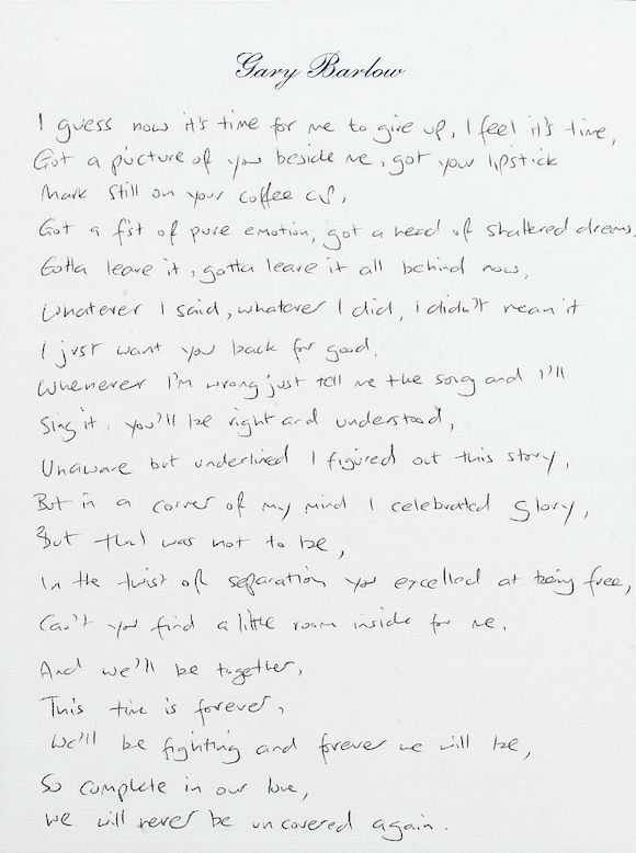 Bonhams : Gary Barlow A set of handwritten lyrics for the Take That ...
