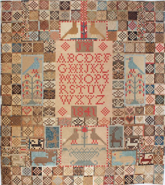 Bonhams : An 1841 patchwork quilt depicting the alphabet and various motifs