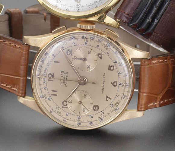 Bonhams : Titus. An 18ct rose gold manual wind chronographCirca 1950
