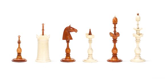 Bonhams : A Danish turned bone chess set Copenhagen, early 19th century