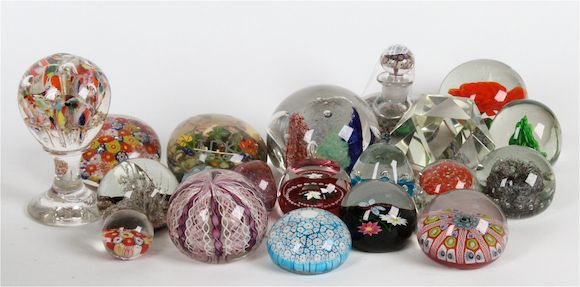 Bonhams : Nineteen modern glass paperweights and an inkwell and stopper