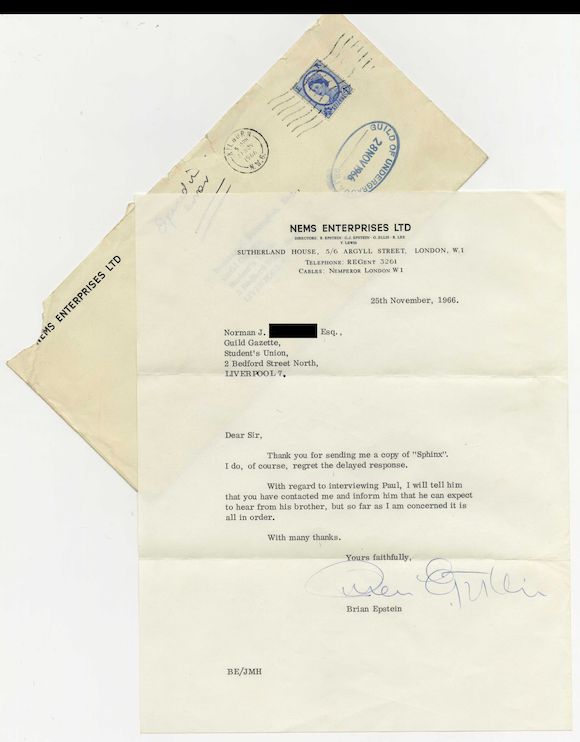 Bonhams : Brian Epstein: A signed letter, dated 25th November 1966 ...