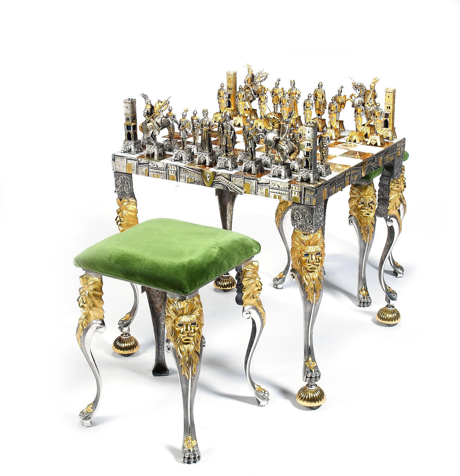 Bonhams : A bronze figural chess set, table and two stools by Piero Benzoni, Florence, late 20th ...