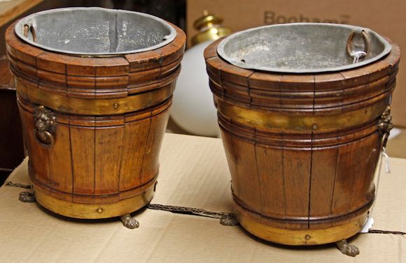 Bonhams : A pair of brass banded small peat buckets, with lion mask ...