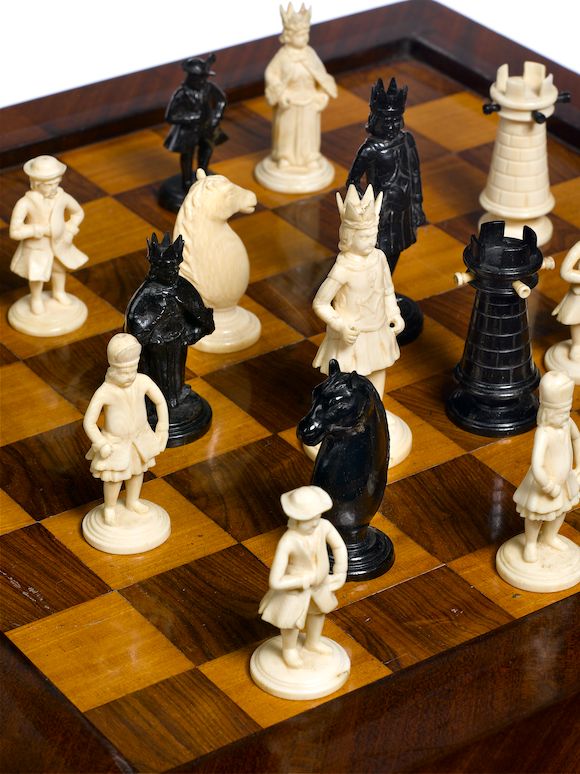 Bonhams : An ivory and ebony figural chess set South German, circa 1700