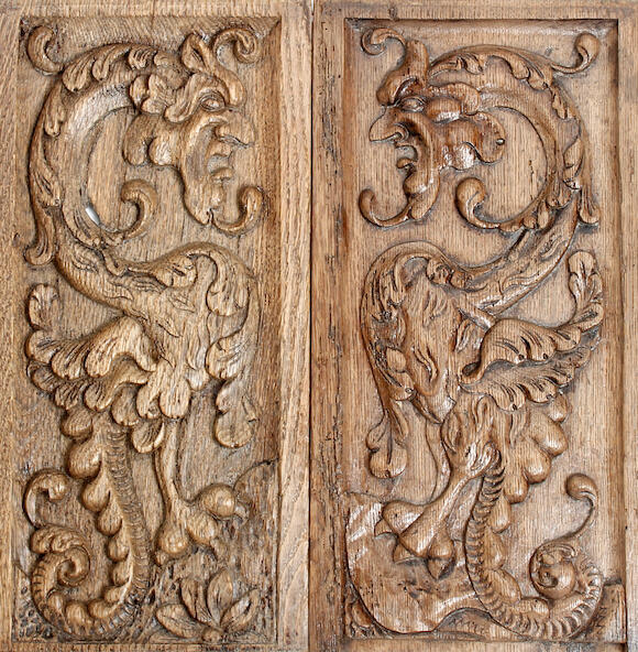 Bonhams : Two pairs of carved oak zoomorphic panelsFrench, 16th Century, one dated 1536