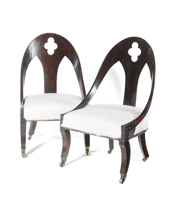 Bonhams : A pair of Regency stained beech scoop back 'Roman' library ...
