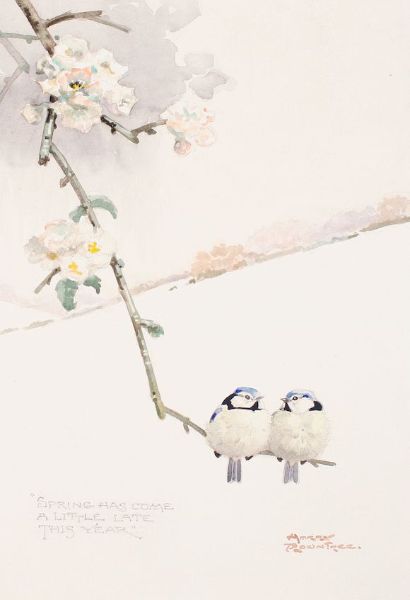 Bonhams : Harry Rowntree (British, 1878-1950) Blue tits on a blossom branch