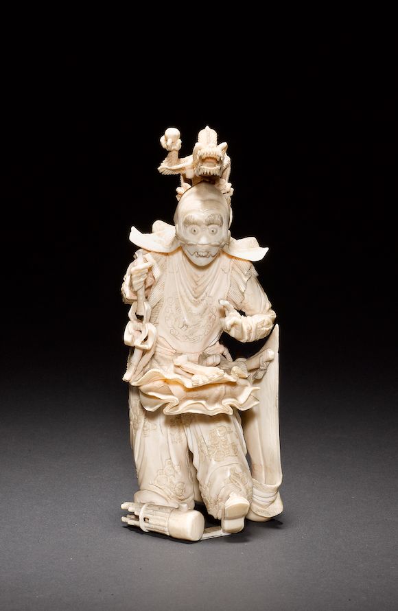 Bonhams : Two ivory okimono: one carved as a Gigaku Player, wearing a ...