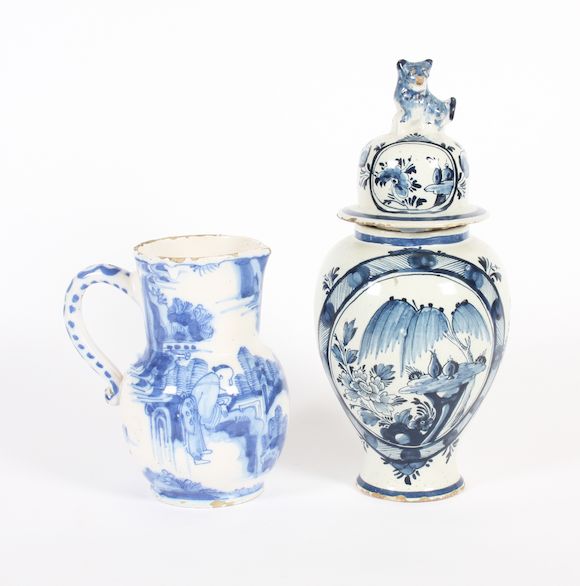 Bonhams : A Delft jug and a Delft vase and cover 18th and 19th Century.