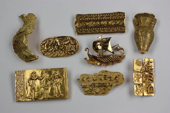 Bonhams : A collection of eight yellow precious metal brooches of Greek ...