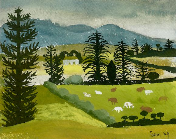 Bonhams : Mary Fedden R.A. (British, born 1915) Cows grazing in a landscape