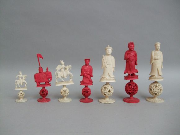 Bonhams : A Chinese Export ivory "puzzle-ball" figural chess set ...