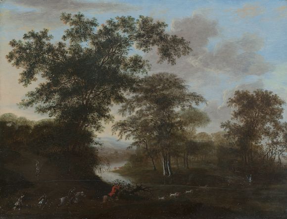 Bonhams : Dutch School, 17th Century Huntsmen in a wooded river ...
