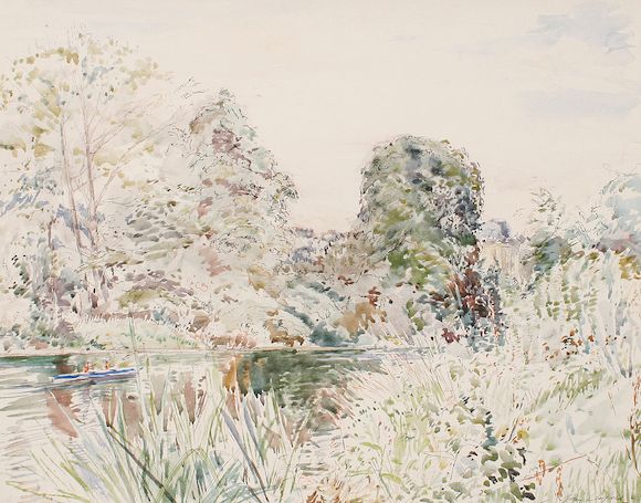 Bonhams : John Linfield (British, born 1930) Canoeing near Abbey Mill