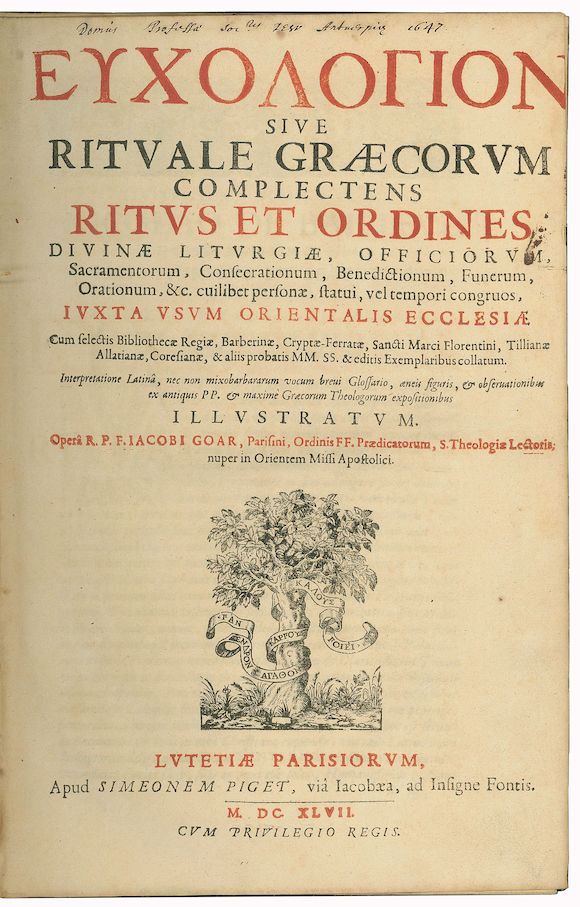 Bonhams : GREEK RITE GOAR (JACOB) Euchologion in Greek siue Rituale ...