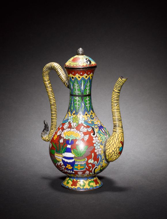 Bonhams : A cloisonne enamel ewer with curved spout, decorated with ...