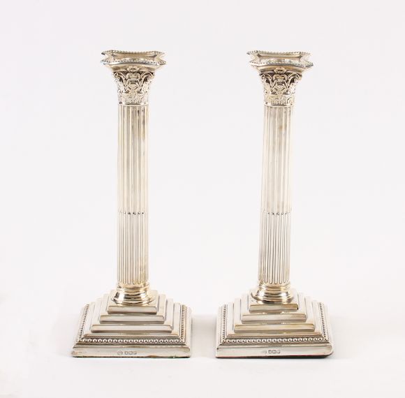 Bonhams : A pair of silver Corinthian column candlesticks By William ...