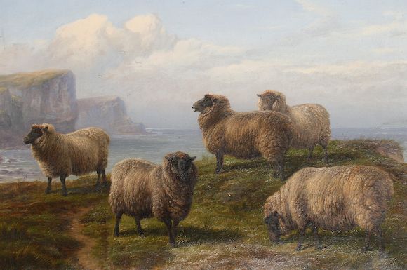 Bonhams : Charles Jones, RCA (British, 1836-1892) Sheep grazing on a ...