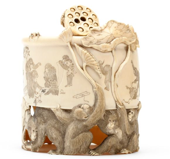 Bonhams : A Japanese carved ivory lidded box Meiji period