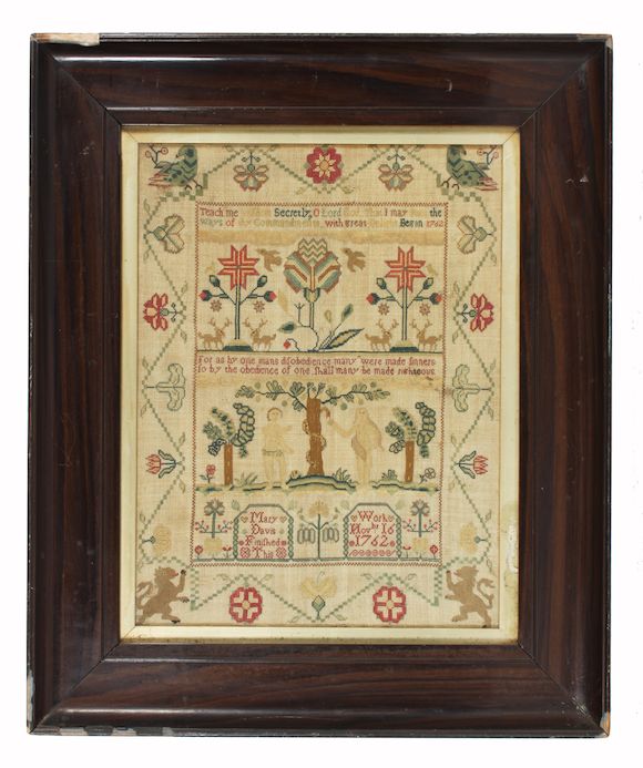 Bonhams : A 1762 Adam and Eve sampler