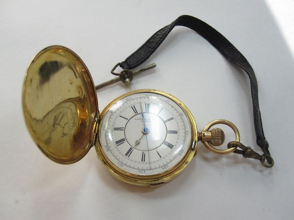 Bonhams : An 18ct gold hunter chronograph pocket watch, by Talbott ...