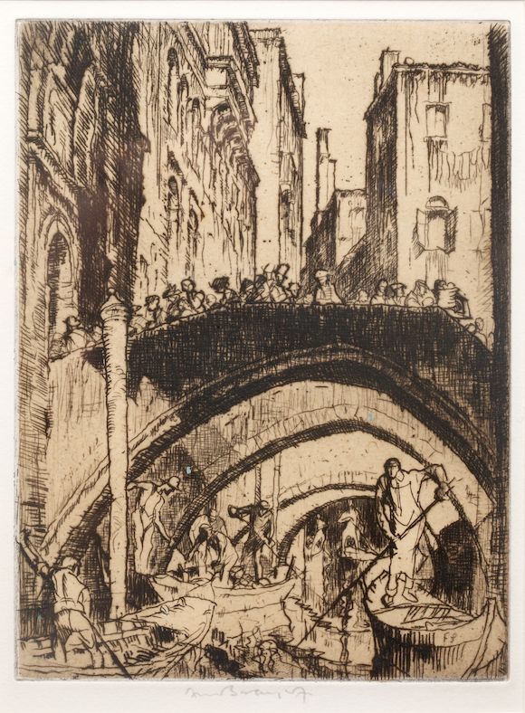 Bonhams : Sir Frank Brangwyn, R.A. (British, 1867-1956) Canal, Venice; Figures on a bridge over ...